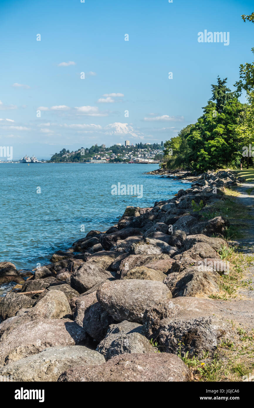 A view of the shoreline in Ruston, Washington. Mount Rainier is inthe ...
