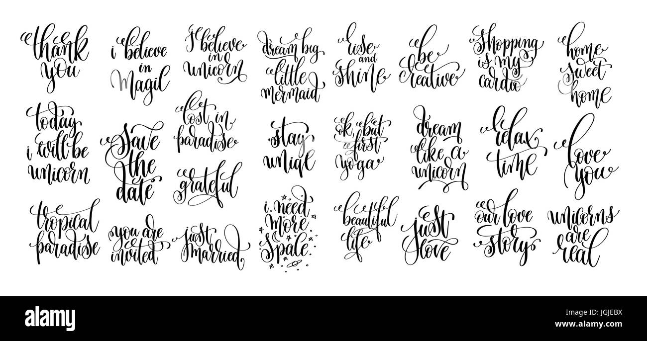 set of 25 black and white hand lettering inscription Stock Vector Image ...