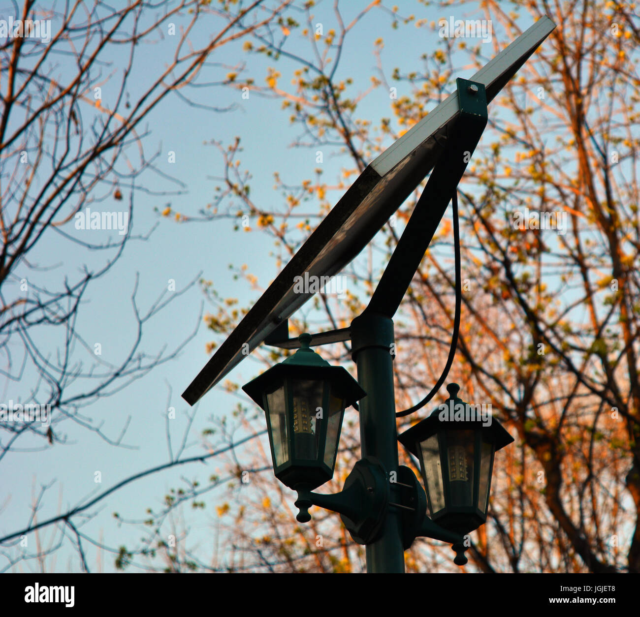 Vintage lamp with solar panels in the park Stock Photo - Alamy