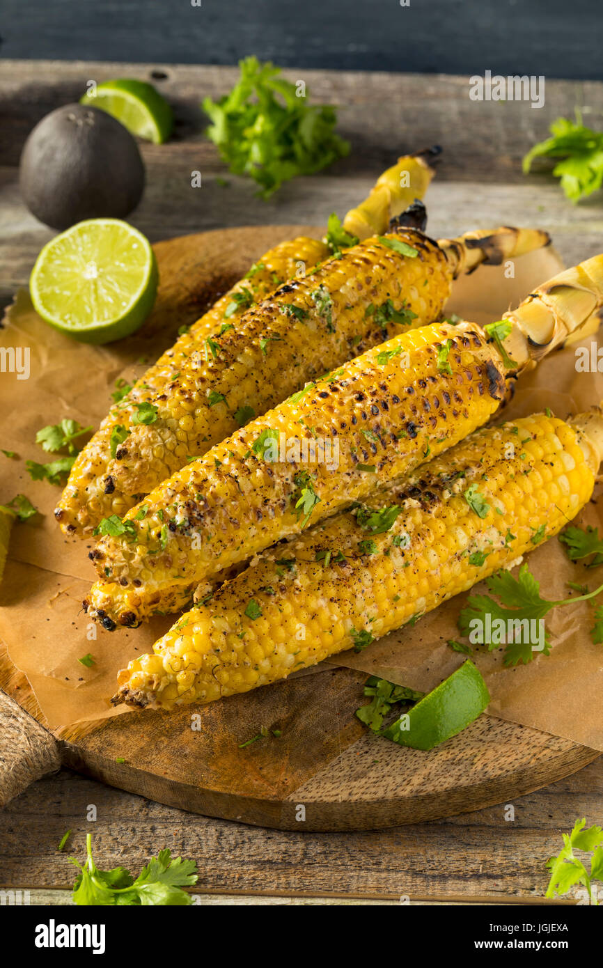 Barbecued Homemade Elote Mexican Street Corn with Mayo and Chili Powder ...
