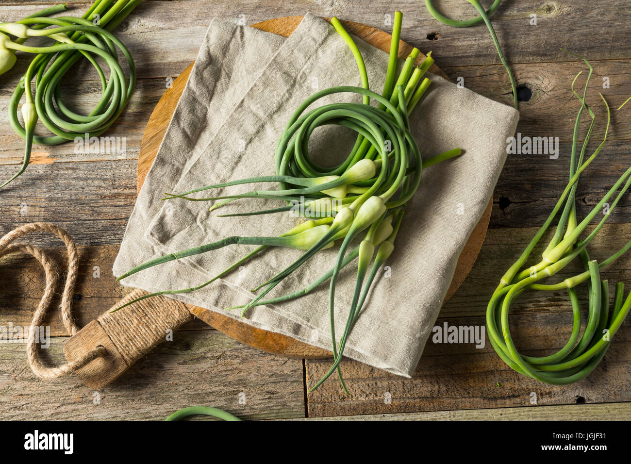 Raw Green Organic Garlic Scapes Ready to Use Stock Photo - Alamy