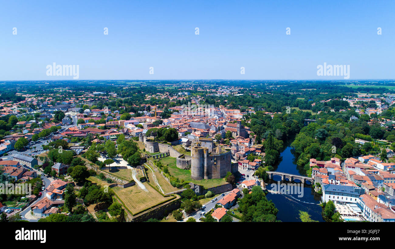 Aerial view on Clisson city center and castle in Loire Atlantique ...