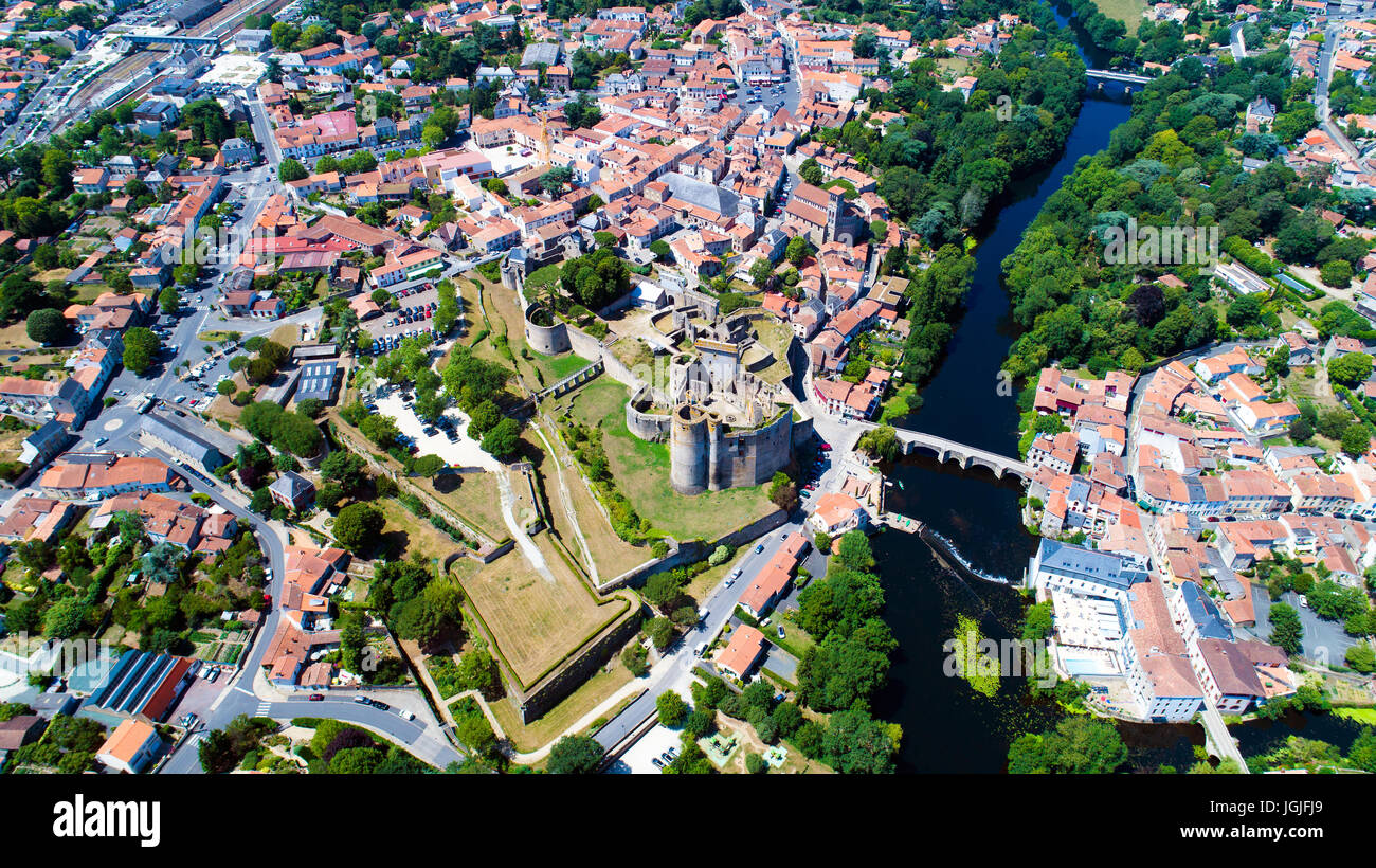 Aerial view on Clisson city center and castle in Loire Atlantique ...