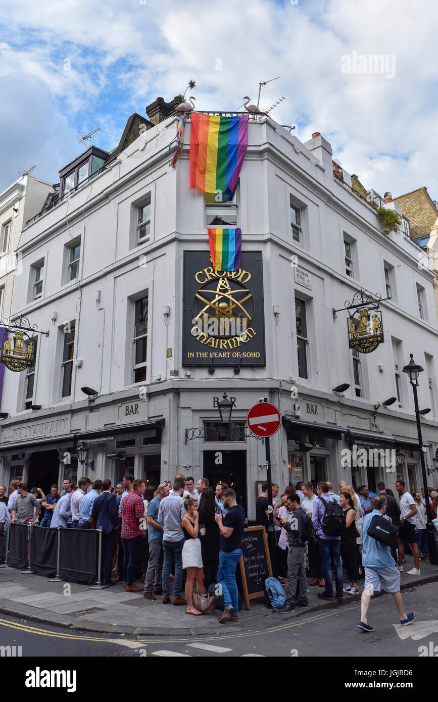 London, UK. 7th July, 2017. Rainbow flags and banners, a symbol for the ...