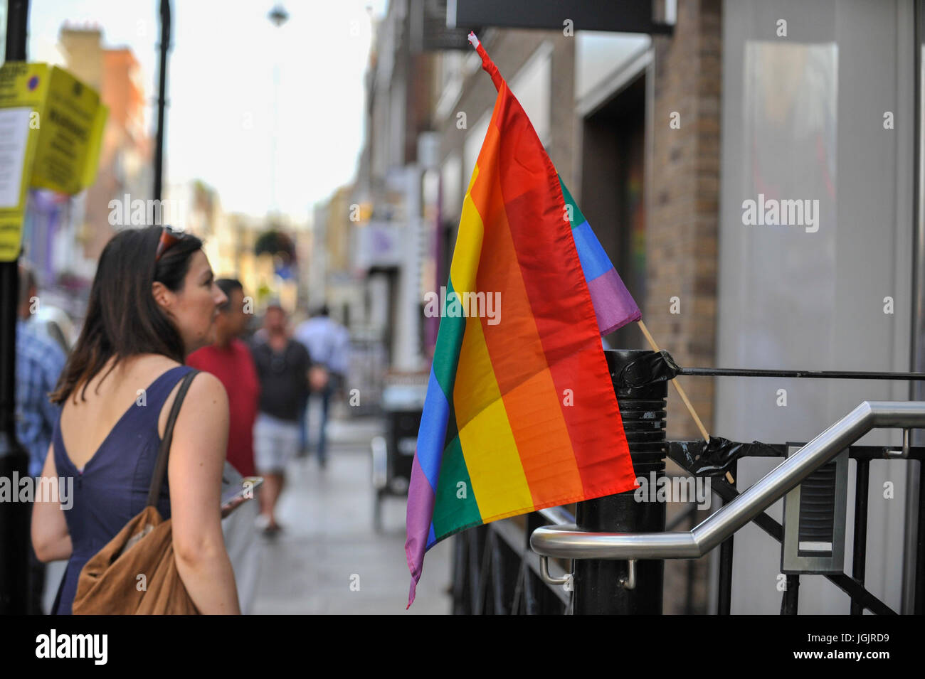 London, UK. 7th July, 2017. Rainbow flags and banners, a symbol for the ...