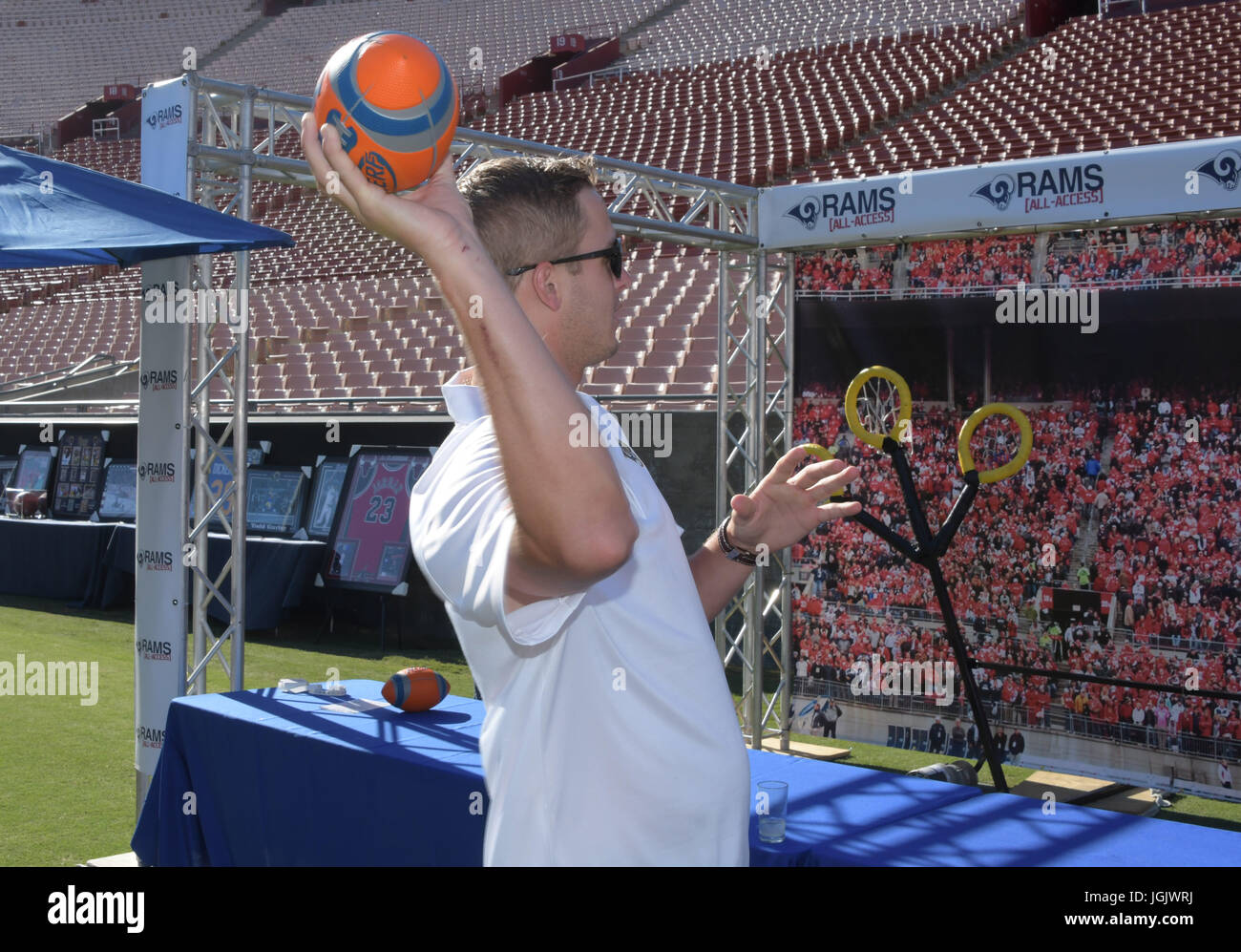 Los Angeles Rams quarterback Jared Goff throws a football at Rams All ...