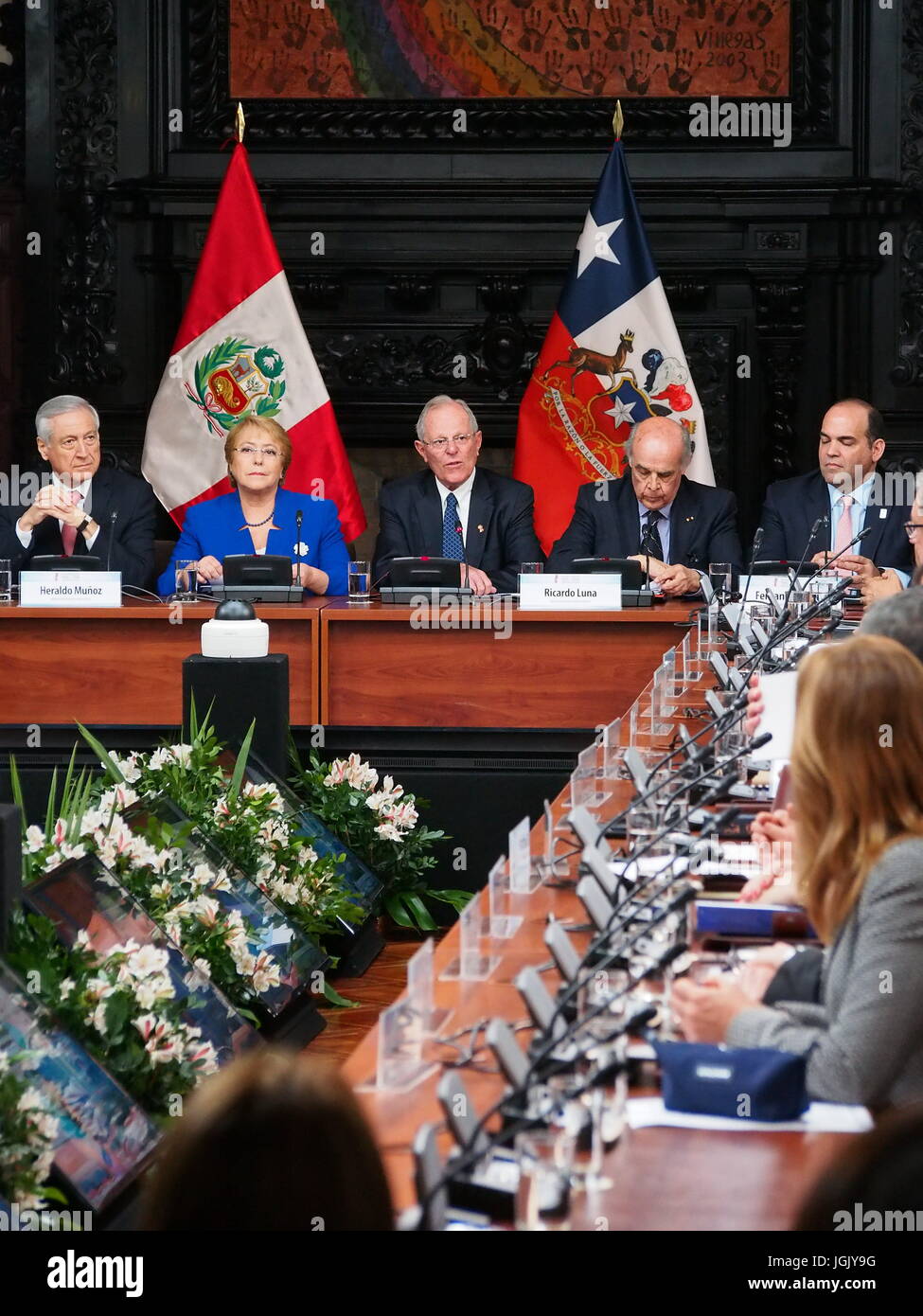Lima, Peru. 07th July, 2017. From left to right; Heraldo Muñoz ...