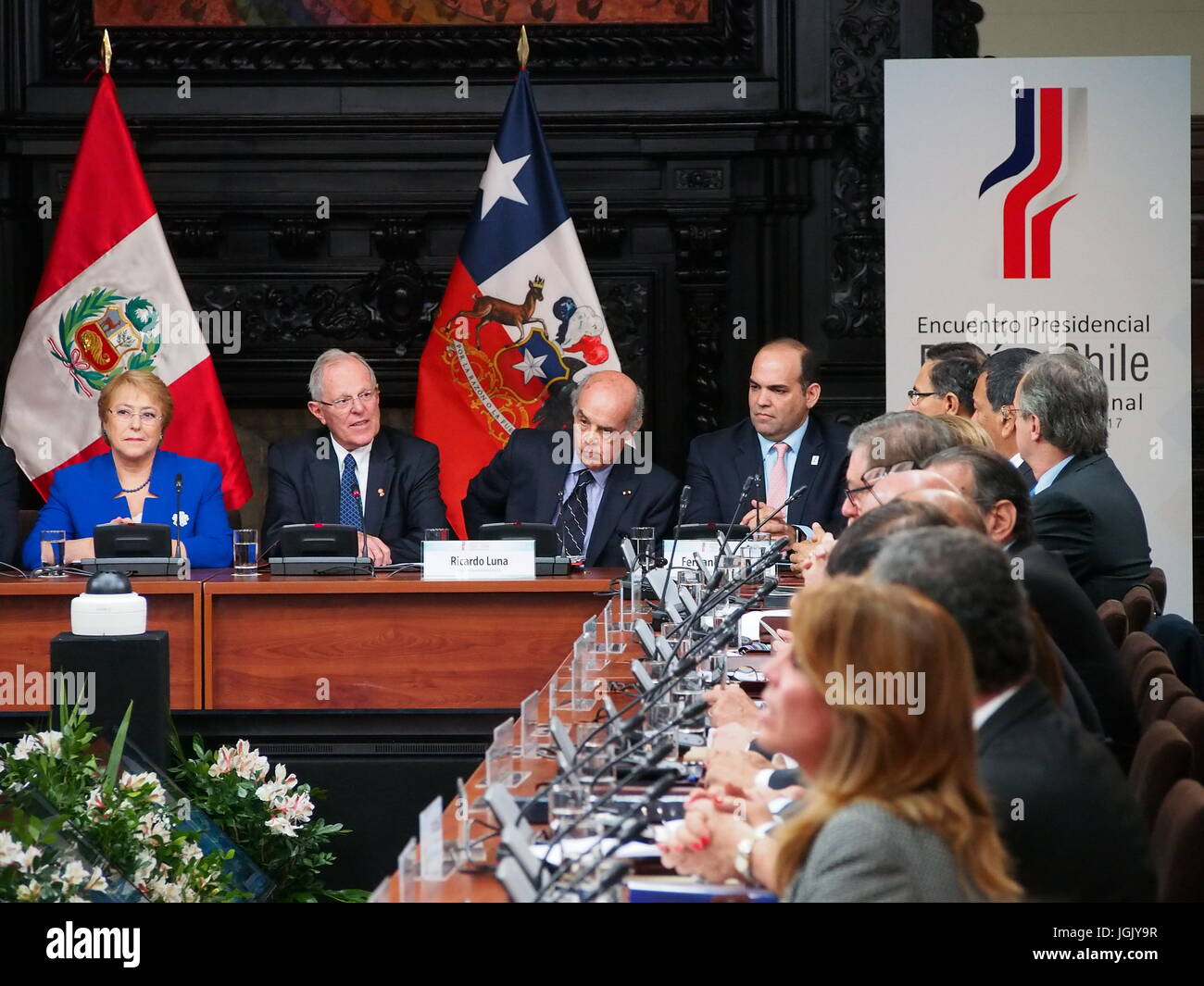 Lima, Peru. 07th July, 2017. From left to right; Michelle Bachelet ...