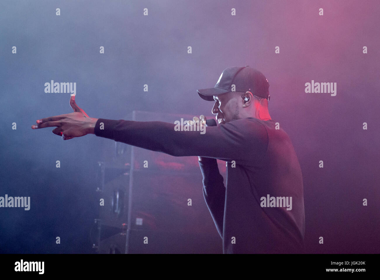 Turku, Finland. 7th July 2017. British Grime Rapper Stormzy performs at ...