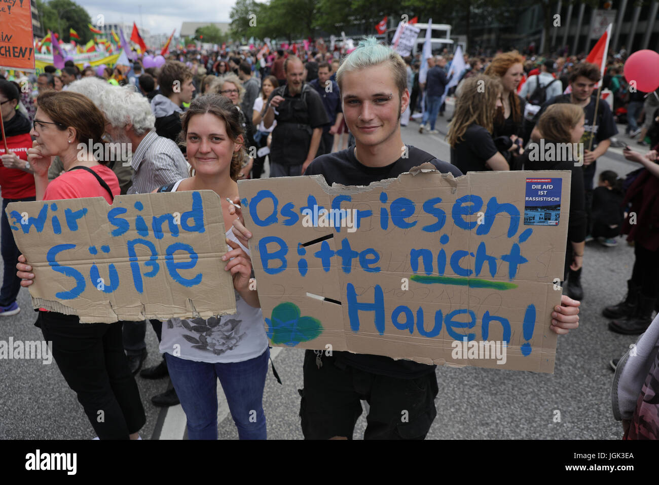 Hamburg, Germany. 8th July, 2017. Protestors with signs reading 'We're ...
