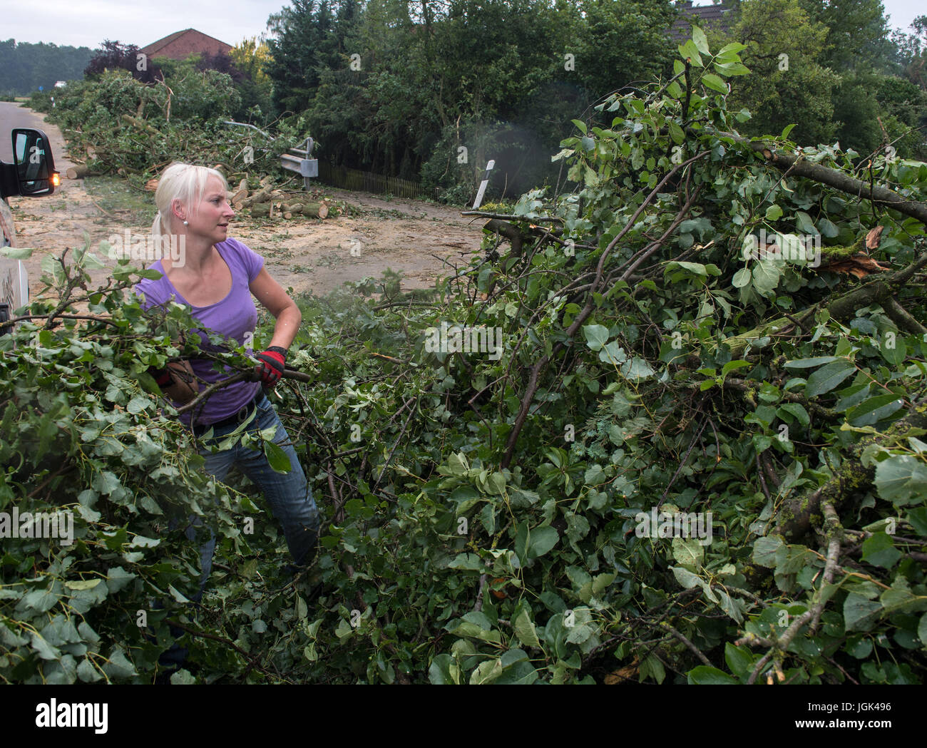 Goldenstedt, Germany. 8th July, 2017. A woman throws broken branches ...
