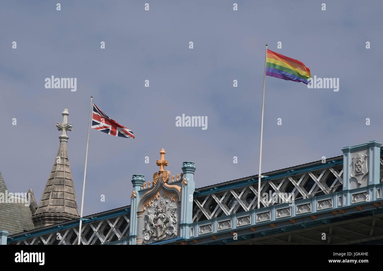 General overall view of the British Union Jack and LGBT Rainbow flag ...