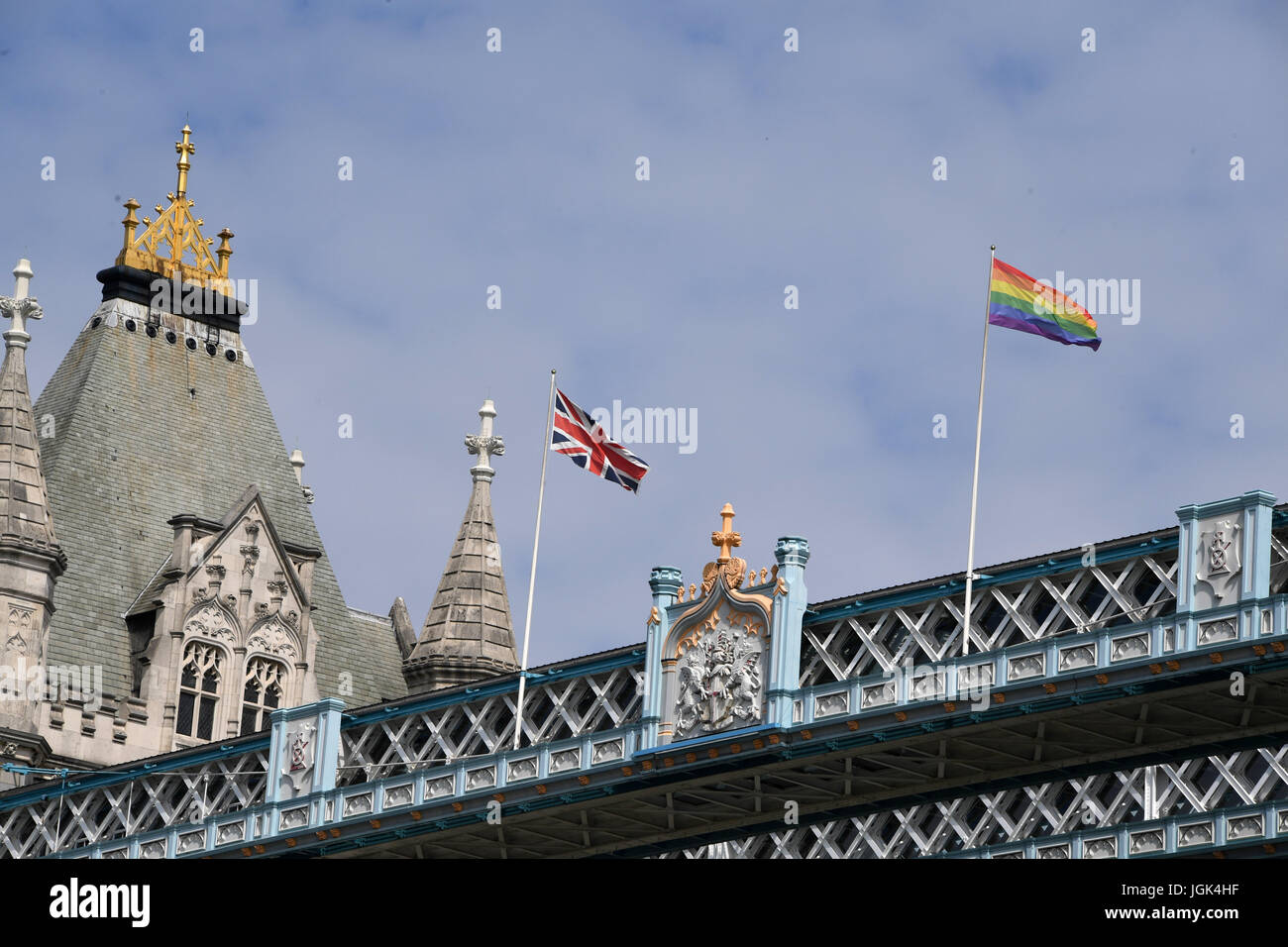 General overall view of the British Union Jack and LGBT Rainbow flag ...
