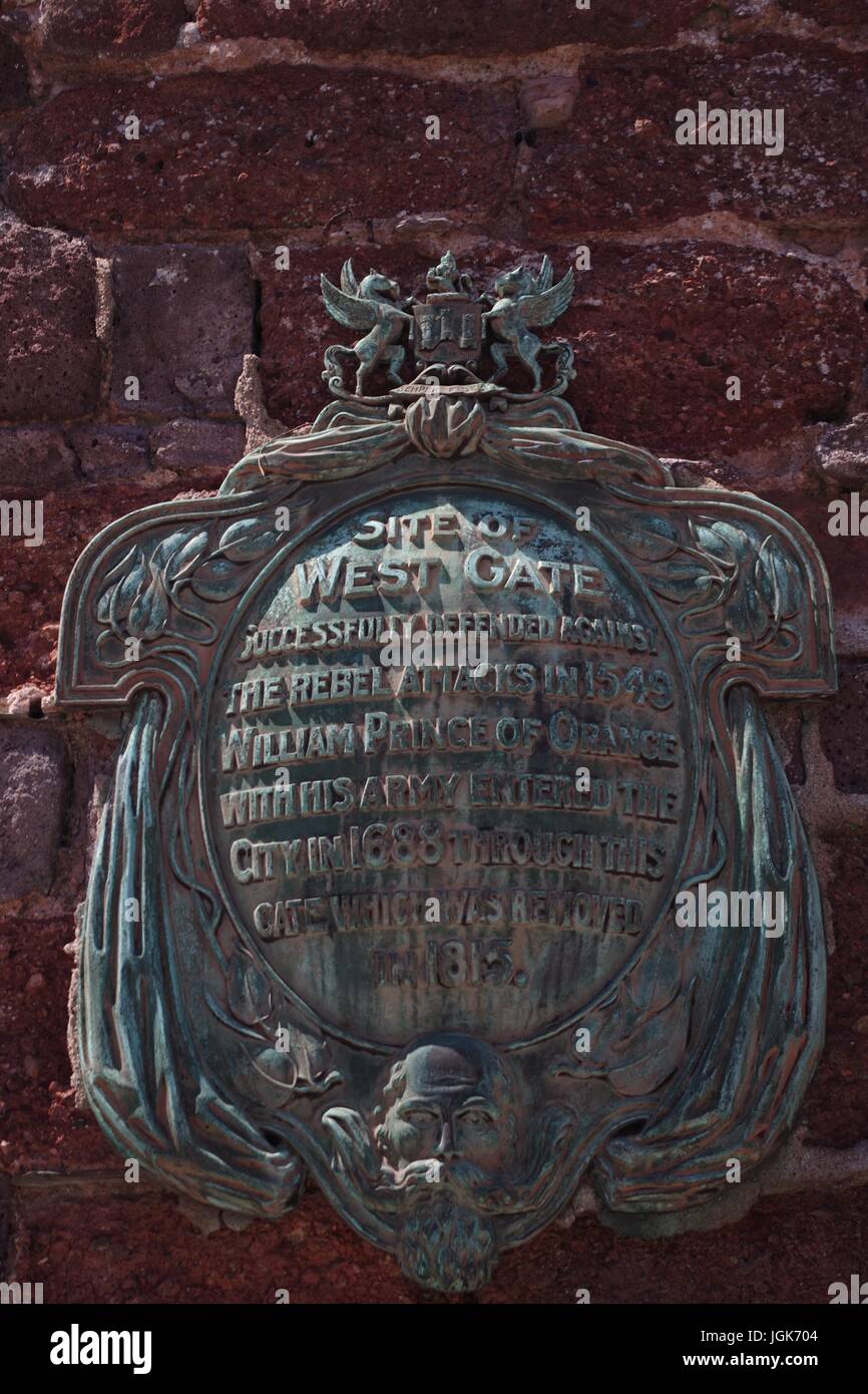 Plaque at Exeter's West Gate of the Roman City Wall. Devon, UK. July ...