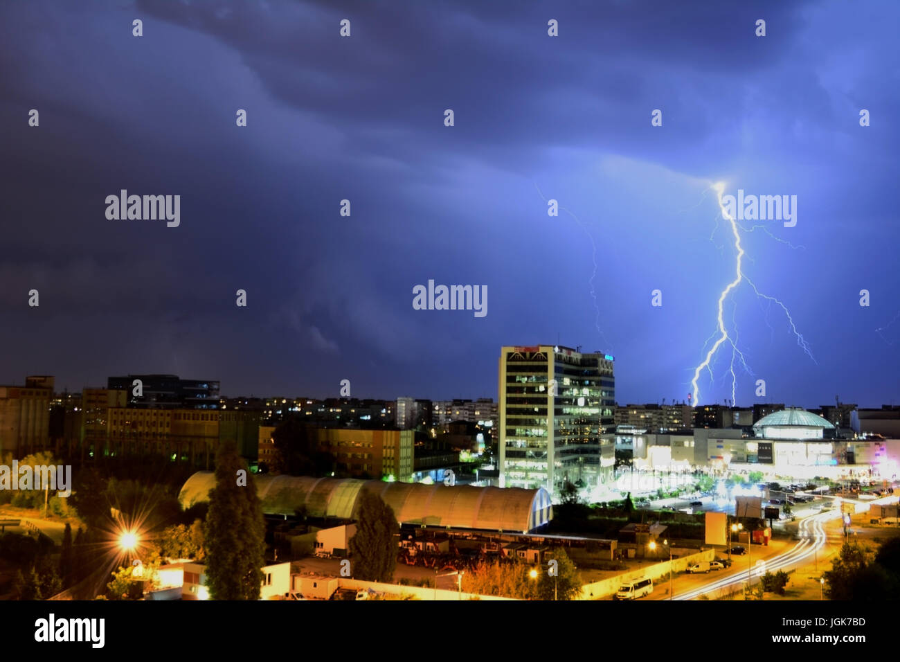 A lightning storm in the Militari district over the Plaza Romania mall ...