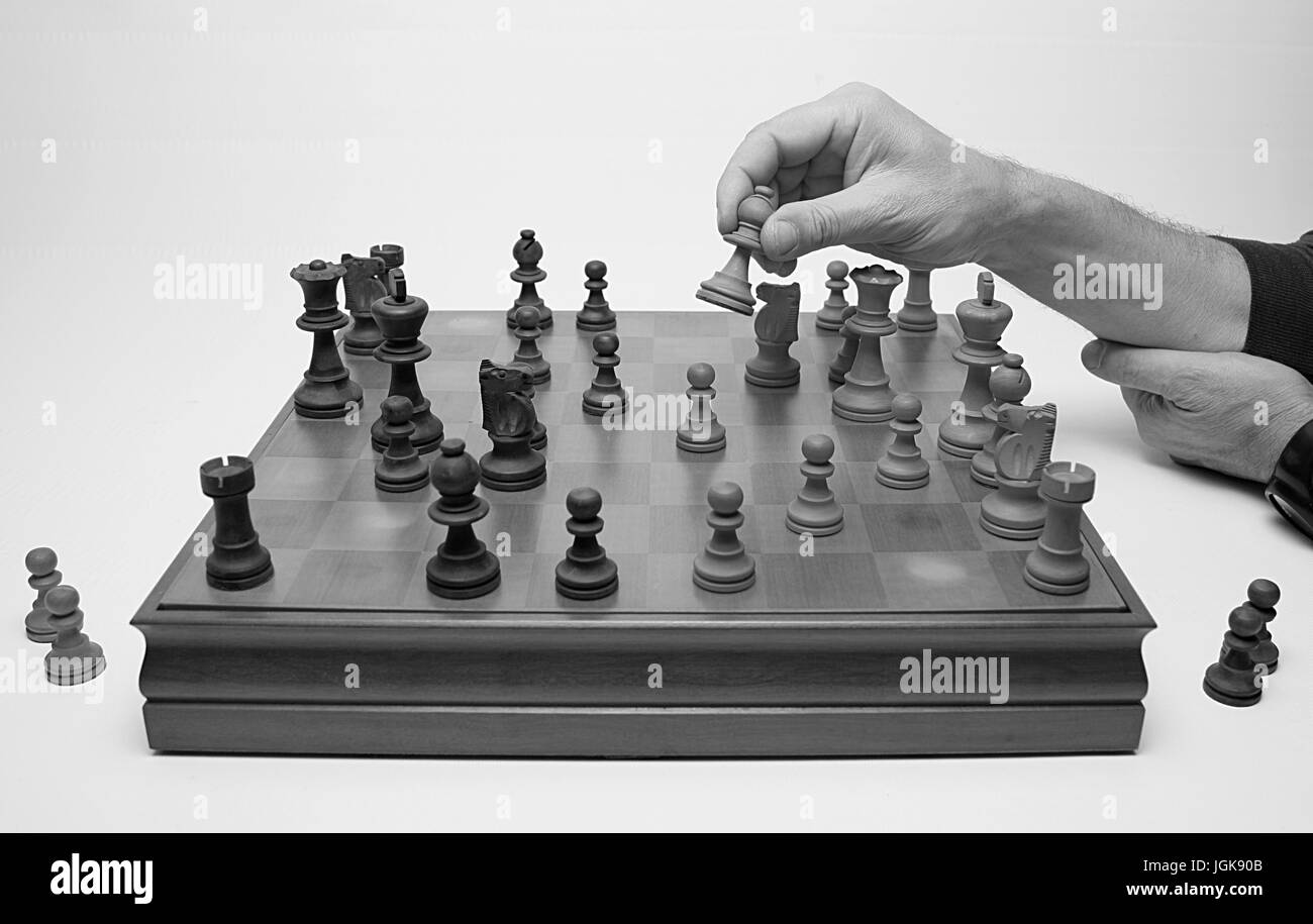 The ancient chess game taken in black & white Stock Photo - Alamy