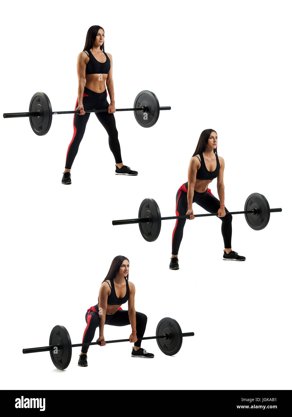 Stages of exercise deadlift with a barbell, executed by a sporty woman ...