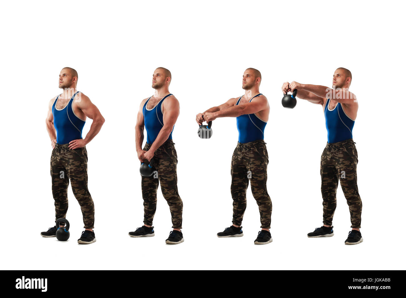 Technique exercises with weight. Young sporty man in sportswear doing ...