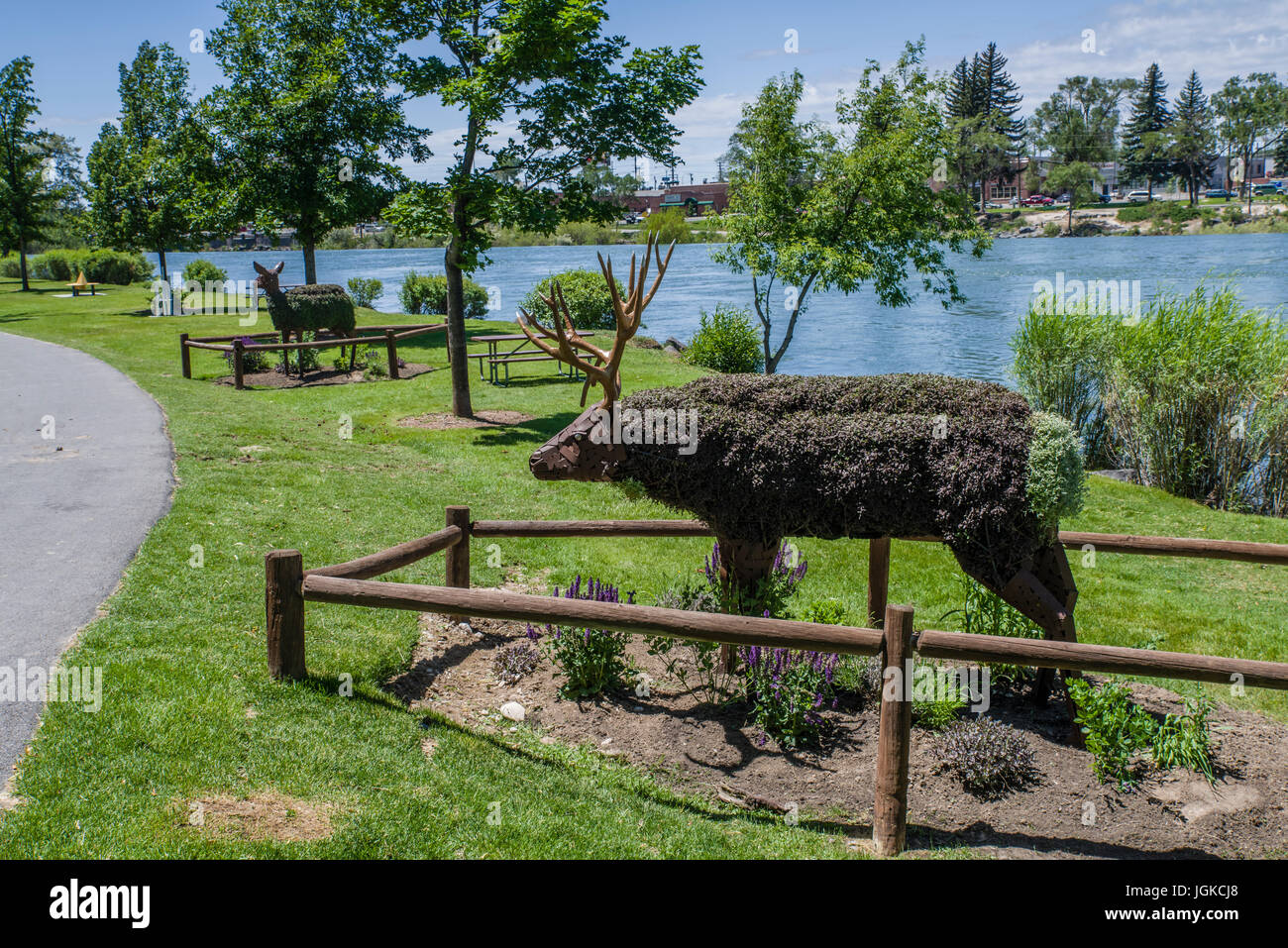 Metal statue of an elk on the greenbelt along the Snake River, Idhao ...
