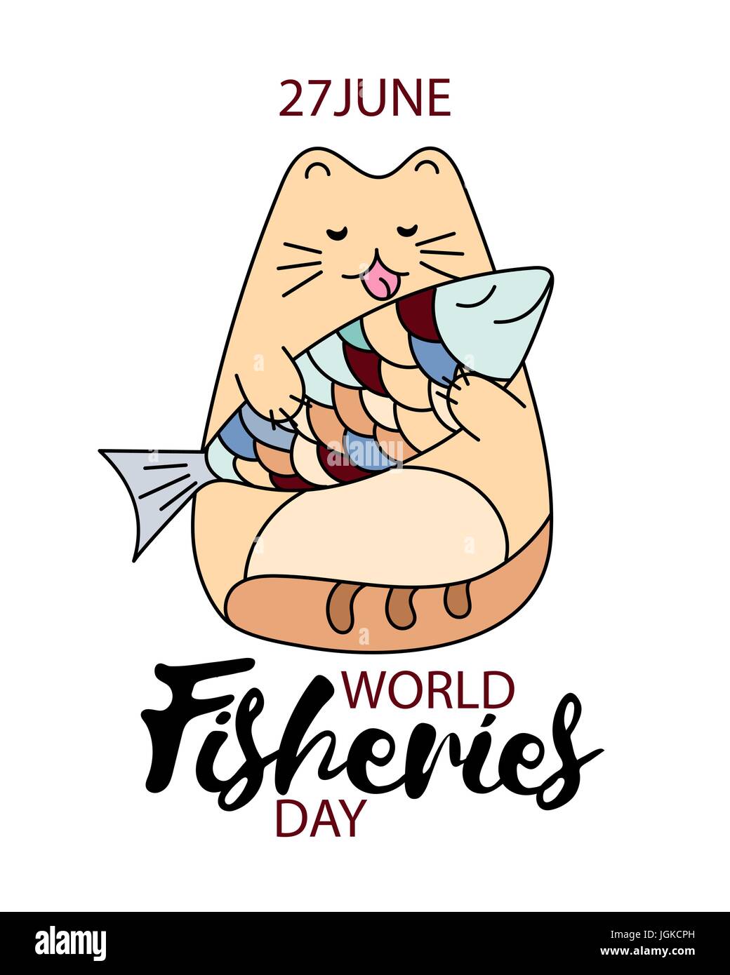 Fisheries day hand drawing illustration. Funny cartoon cat with fish ...