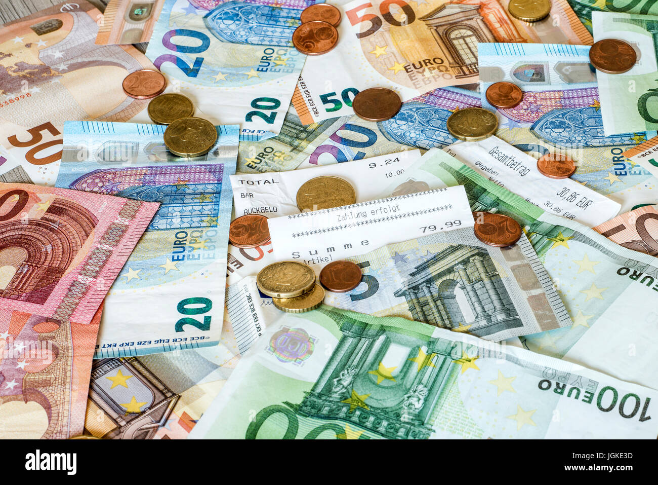 savings Cash money concept euro banknotes of all sizes and cent coins ...