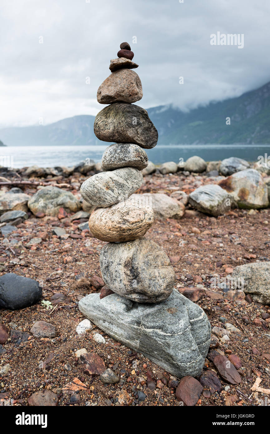 balanced stack of stones at Eidfjorden, Norway Stock Photo - Alamy