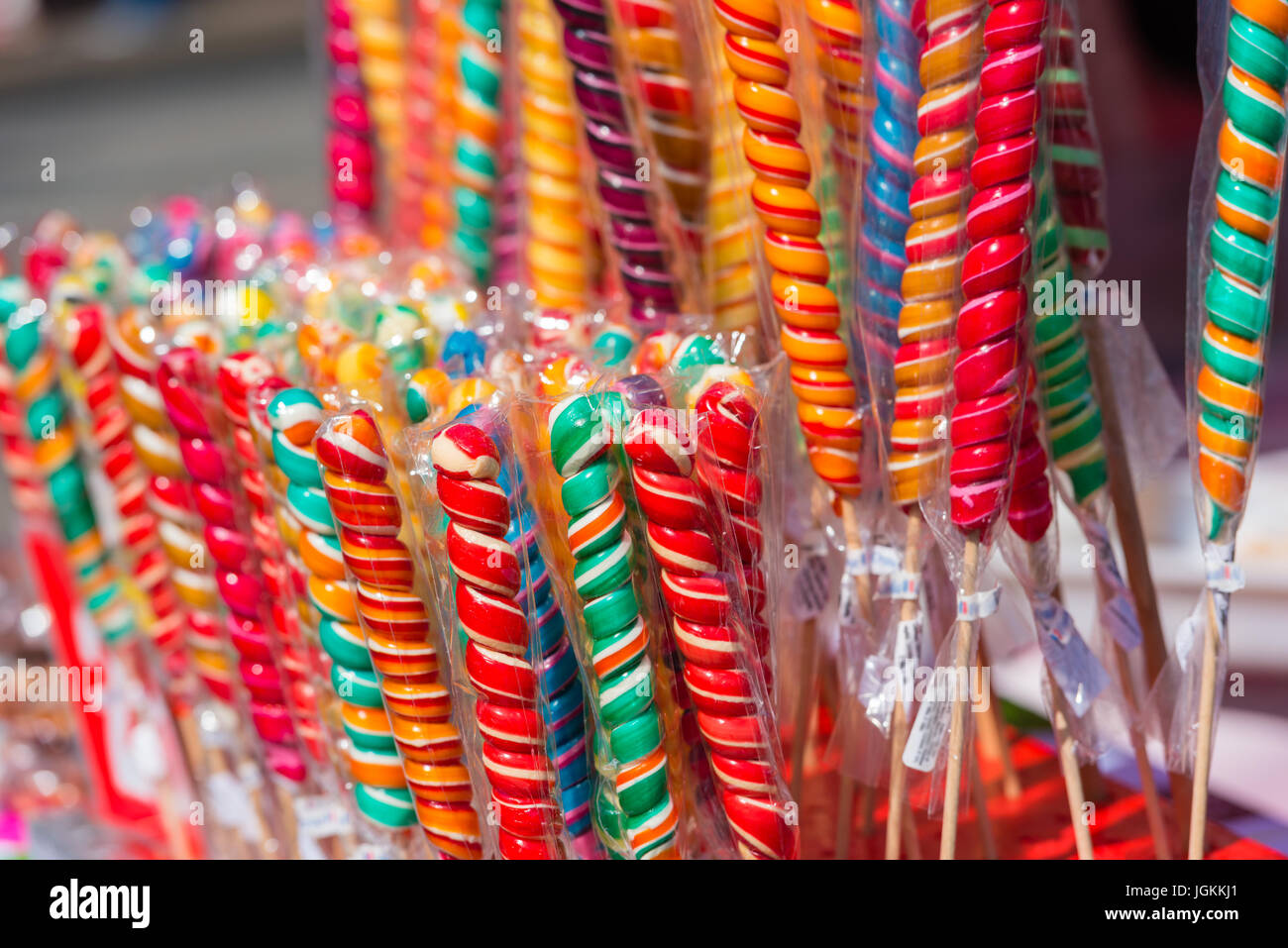 Close up of colorful handmade swirl lollipops on street market Stock ...