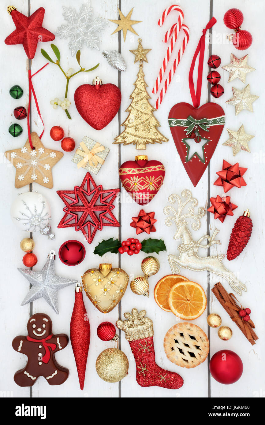 Christmas symbols with bauble decorations, holly, mistletoe, mince pie ...