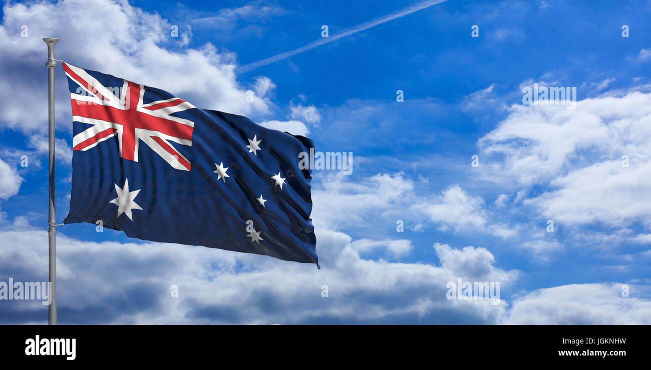 Australia flag waving on a blue sky background. 3d illustration Stock ...