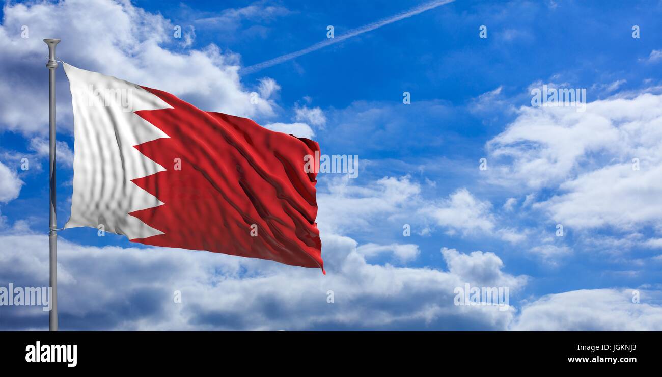 Bahrain flag waving on a blue sky background. 3d illustration Stock ...