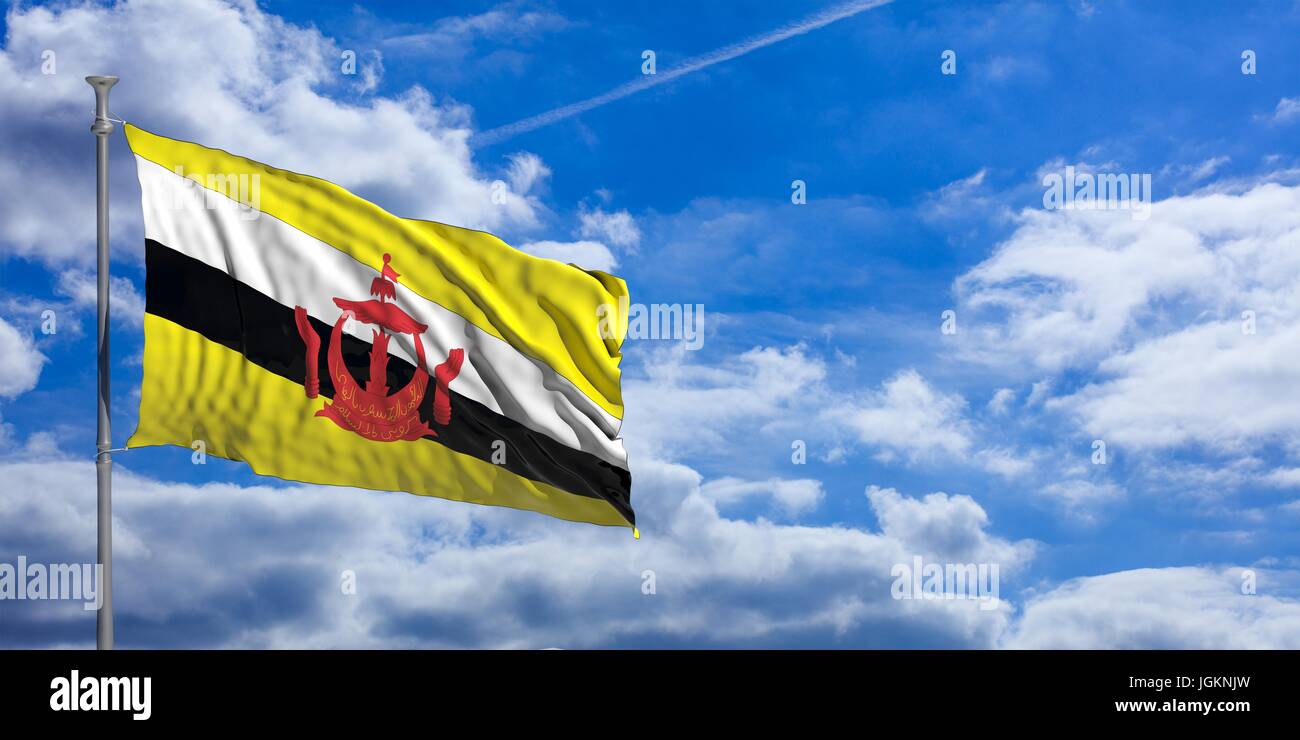 Brunei flag waving on a blue sky background. 3d illustration Stock ...