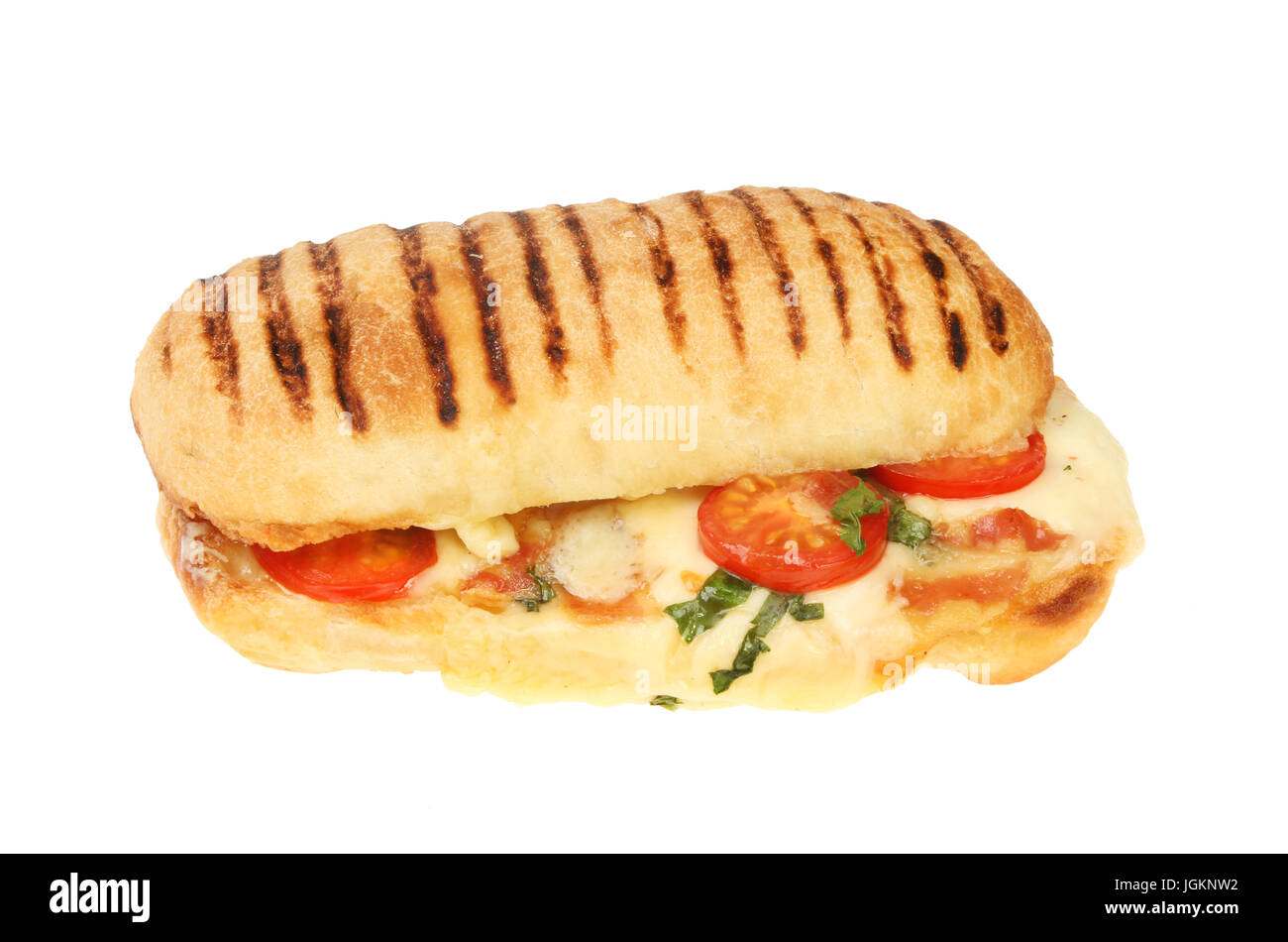 Mozzarella, tomato, basil and pancetta panini sandwich isolated against ...