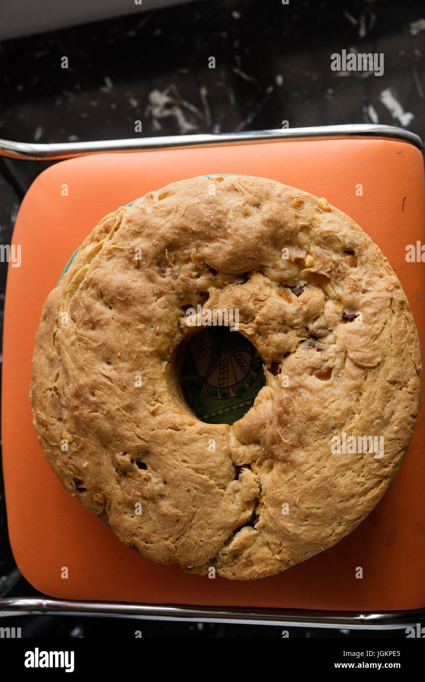 typical neapolitan casatiello with salami and cheese, baked in Easter ...