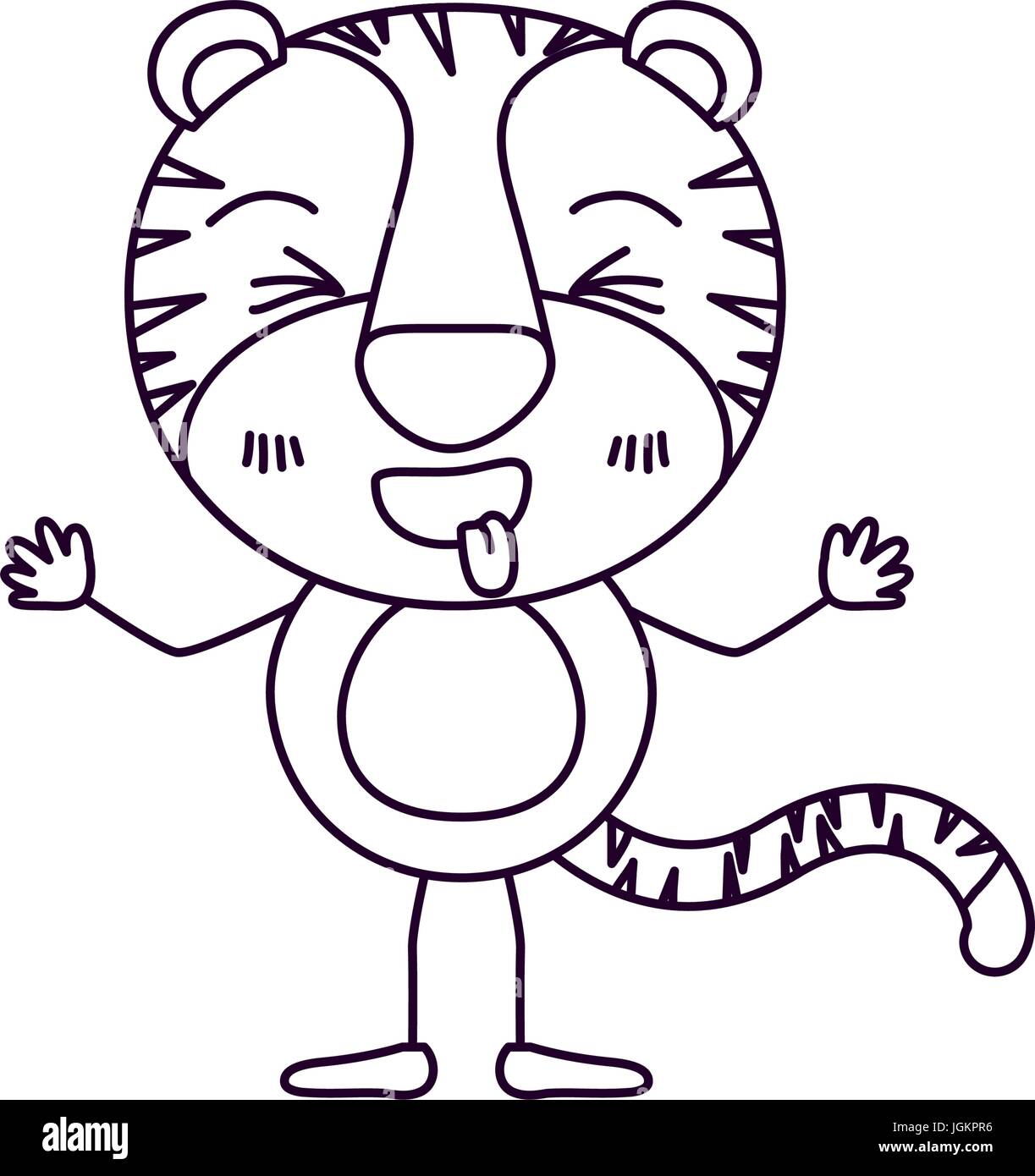 sketch contour caricature of cute tiger disgust expression and sticking ...