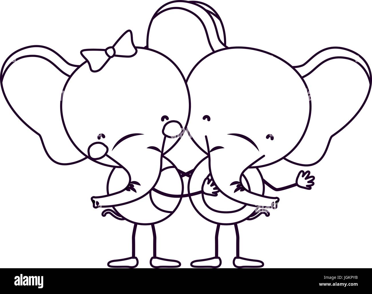 sketch contour caricature with couple of elephants embraced Stock ...