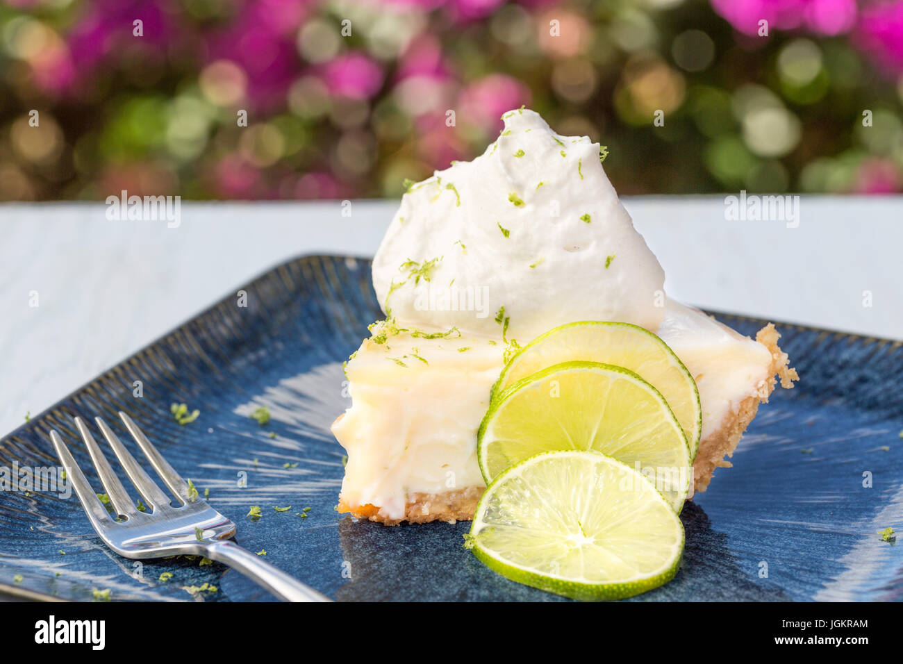 A slice of key lime pie served with whipped cream and lime zest Stock ...