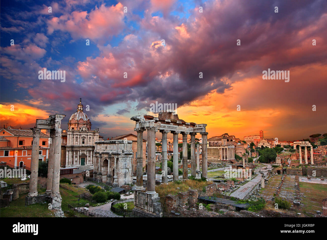 Around sunset at the Roman Forum ("Market") of Rome, Italy. View from ...