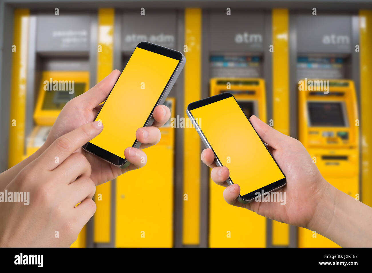 human hand hold and touch blank screen cell phone on blurry automatic ...