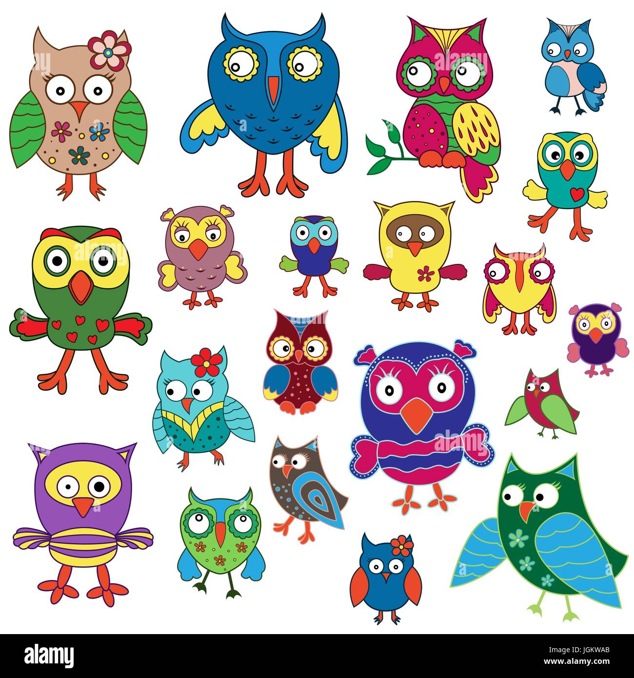 Set of twenty amusing colorful owls, cartoon vector illustration ...