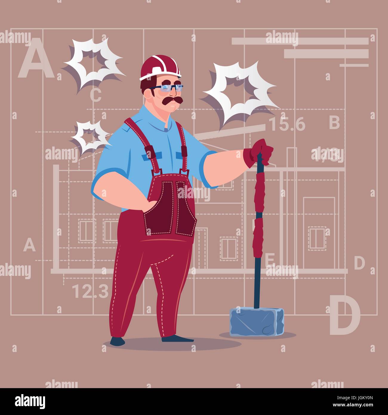 Cartoon Builder Holding Big Hammer Construction Worker Over Abstract ...