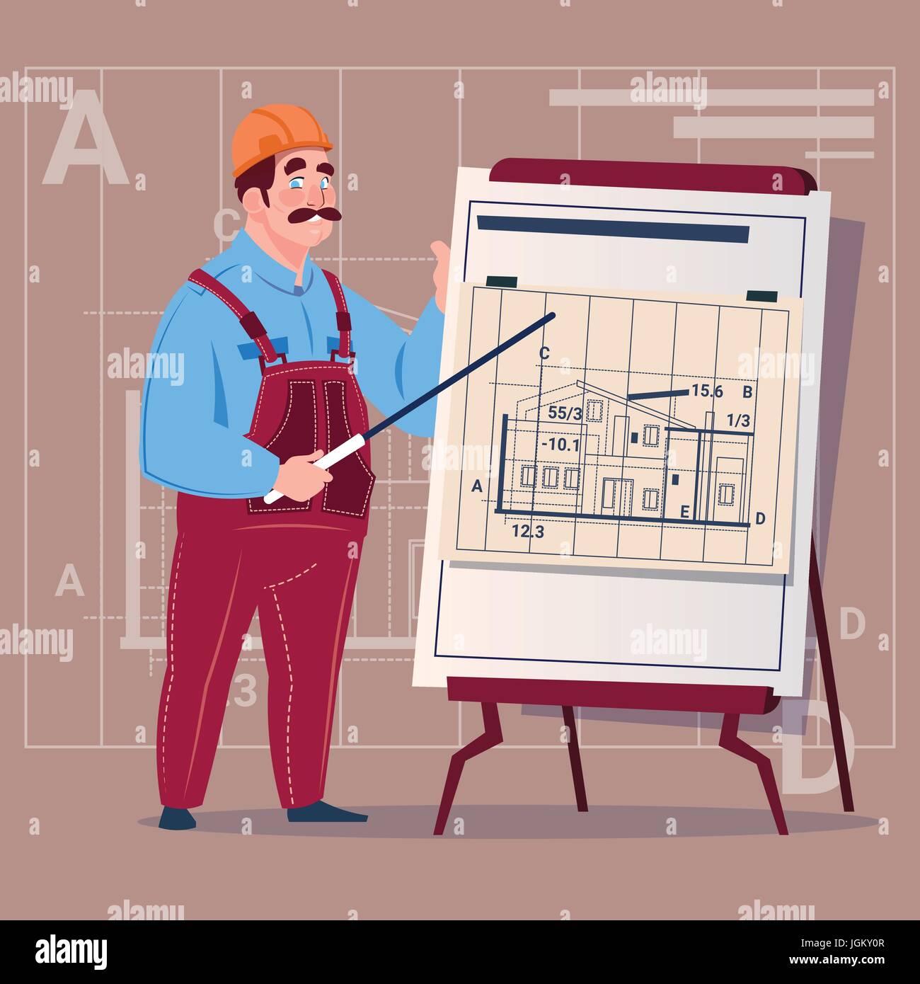 Cartoon Builder Explain Plan Of Building Blueprint Wearing Uniform And ...