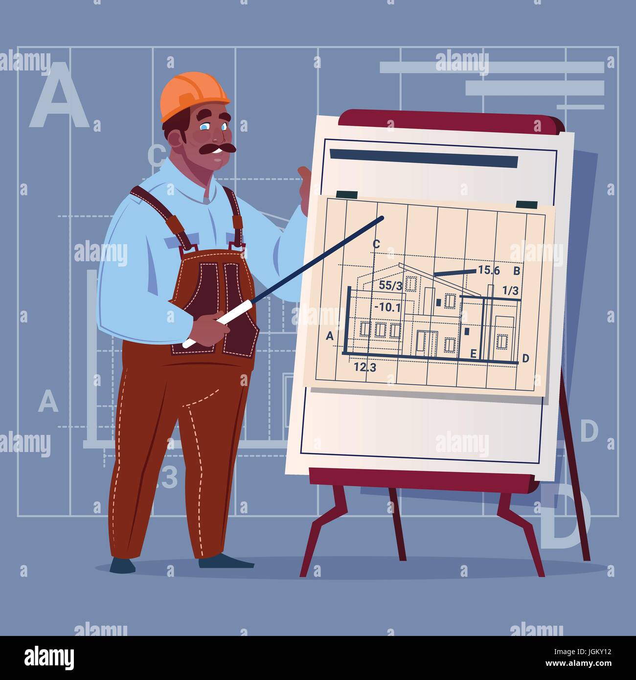 Cartoon African American Builder Explain Plan Of Building Blueprint ...