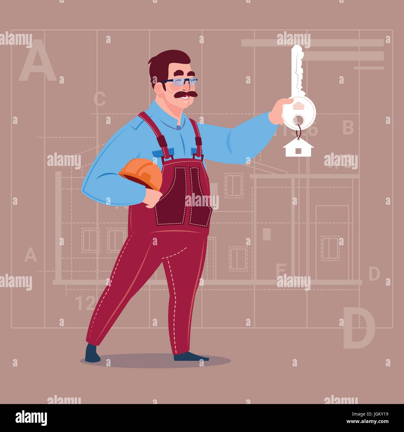 Cartoon Builder Holding Key From New House Over Abstract Plan ...