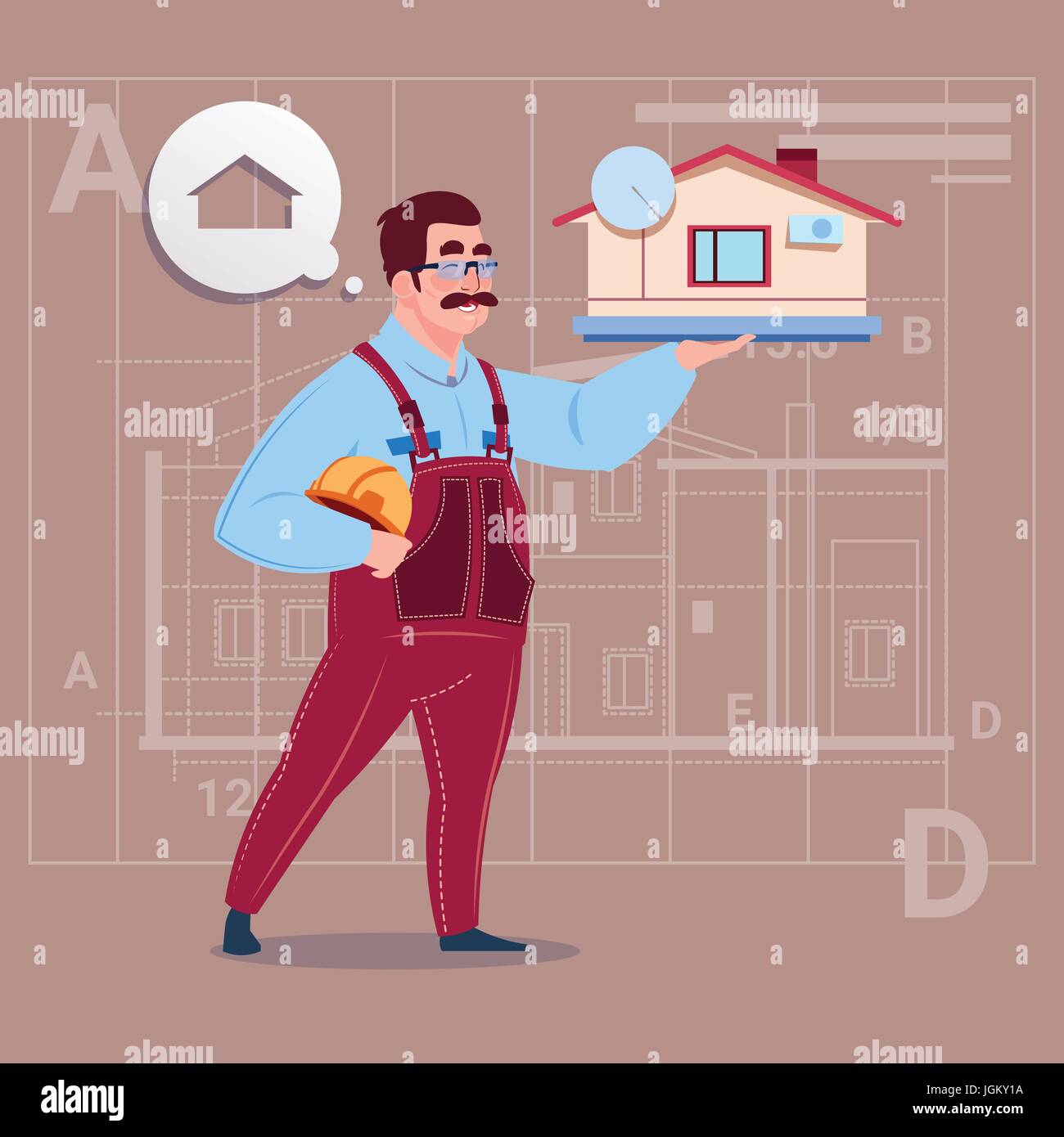 Cartoon Builder Holding Small House Ready Real Estate Over Abstract ...