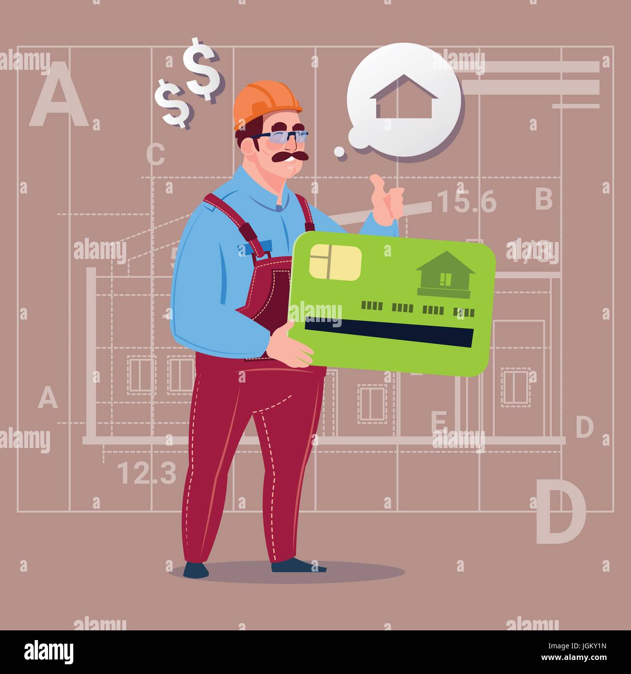 Cartoon Builder Hold Credit Card Sell House Real Estate Over Abstract ...