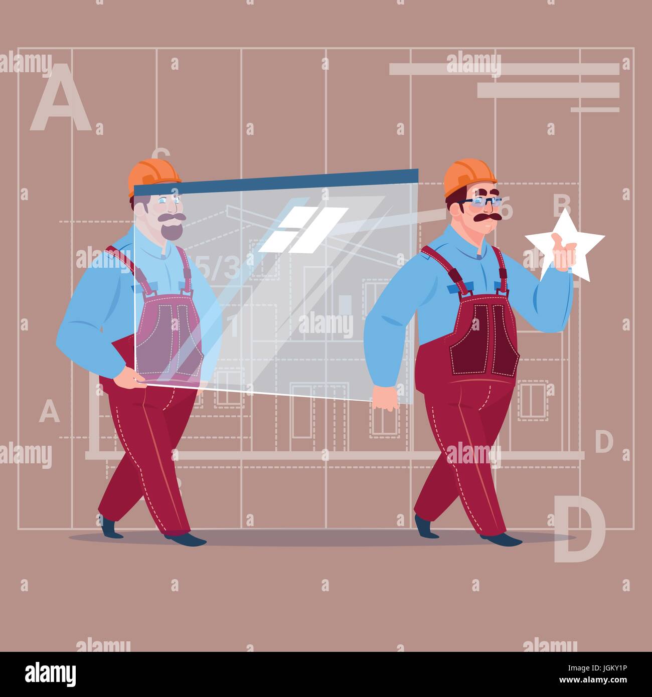 Two Cartoon Builders Carry Glass Wearing Uniform And Helmet ...