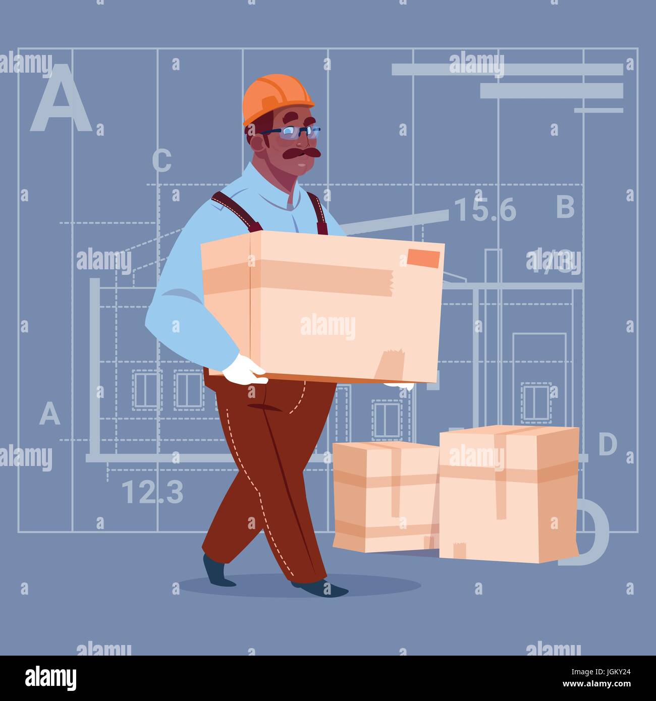 Cartoon African American Builder Carry Box Wearing Uniform And Helmet ...