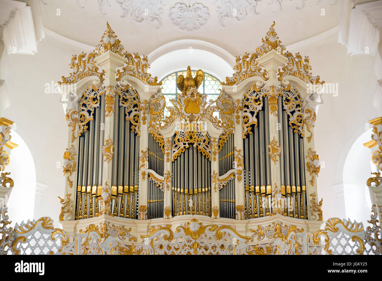 Steingaden, Germany - June 5, 2016: The pipe organ in Pilgrimage Church ...