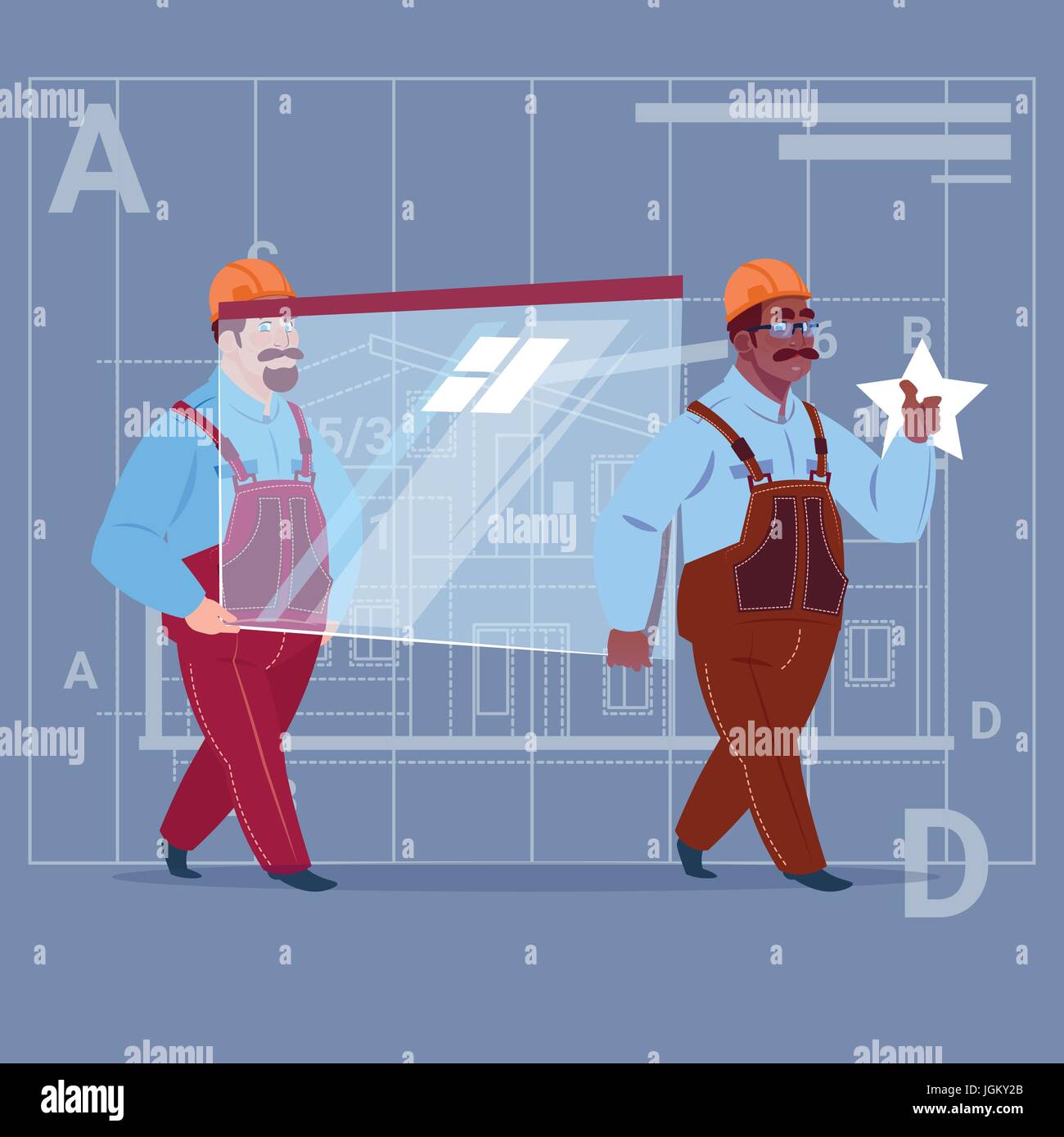 Two Cartoon Builders Carry Glass Wearing Uniform And Helmet ...