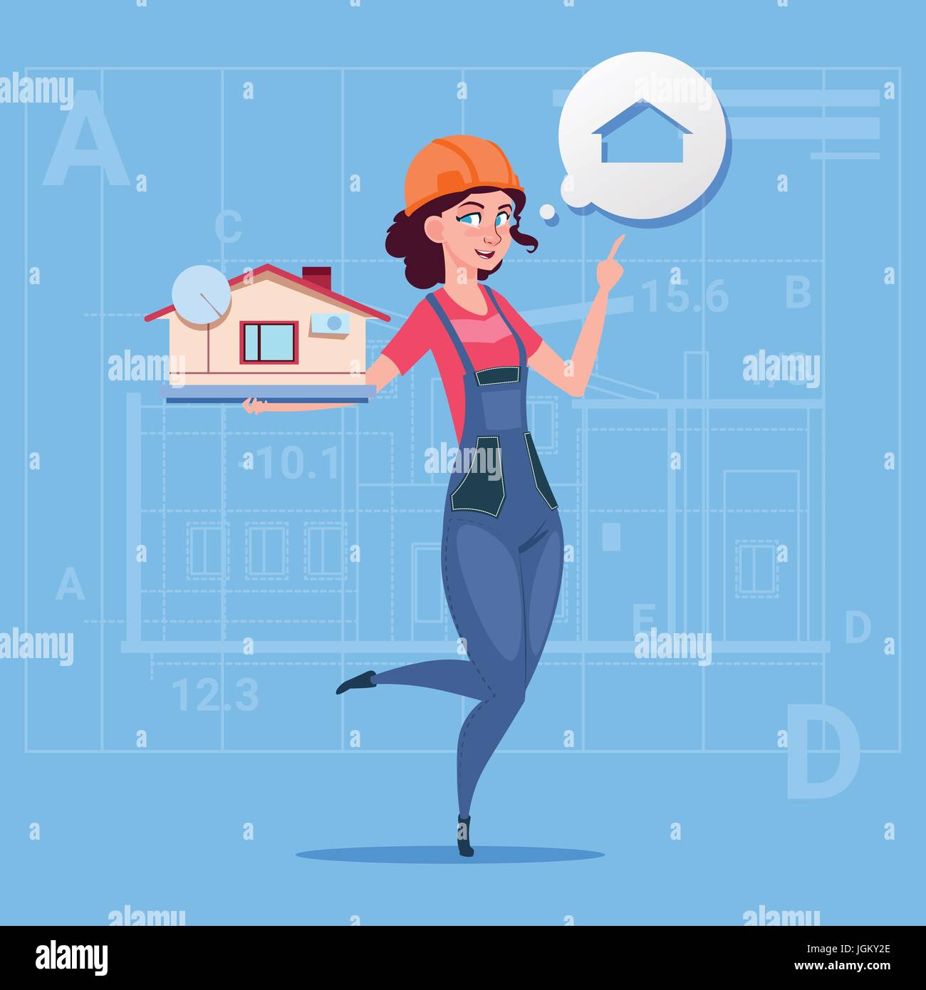 Cartoon Female Builder Holding Small House Ready Real Estate Over ...